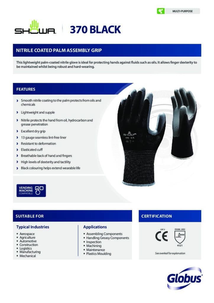 Showa Atlas 370 Assembly 10 Gauge Nitrile Dipped Glove - Workman Glove ...
